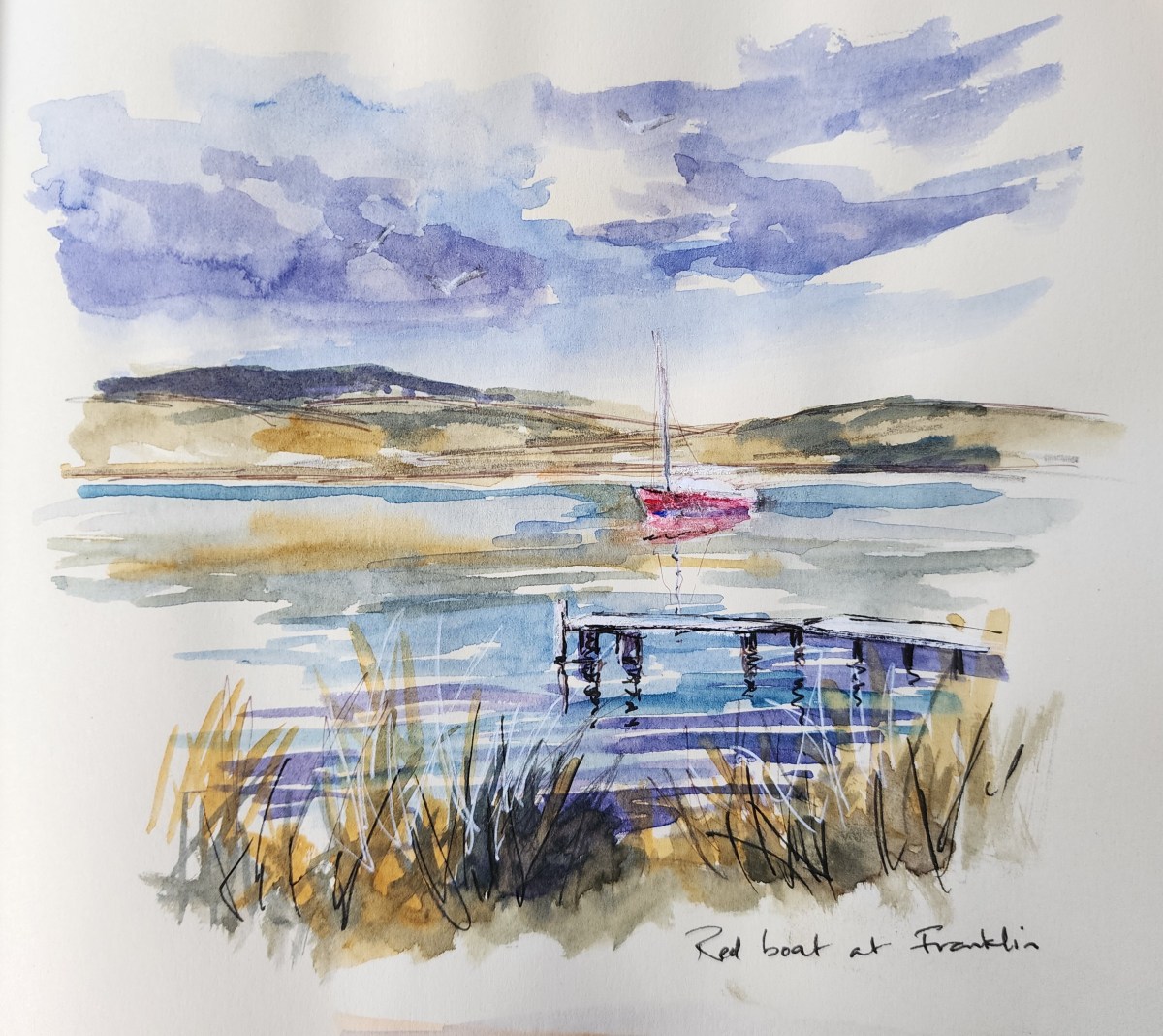 Red Boat on the Huon River – Watercolour Postcard – Lindy Whitton Studio